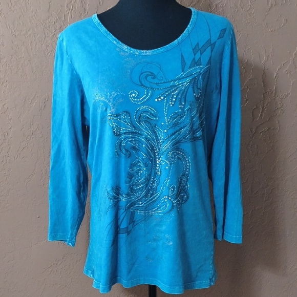 Reba | Tops | Reba Turquoise Long Sleeve Top With Rhinestone ...
